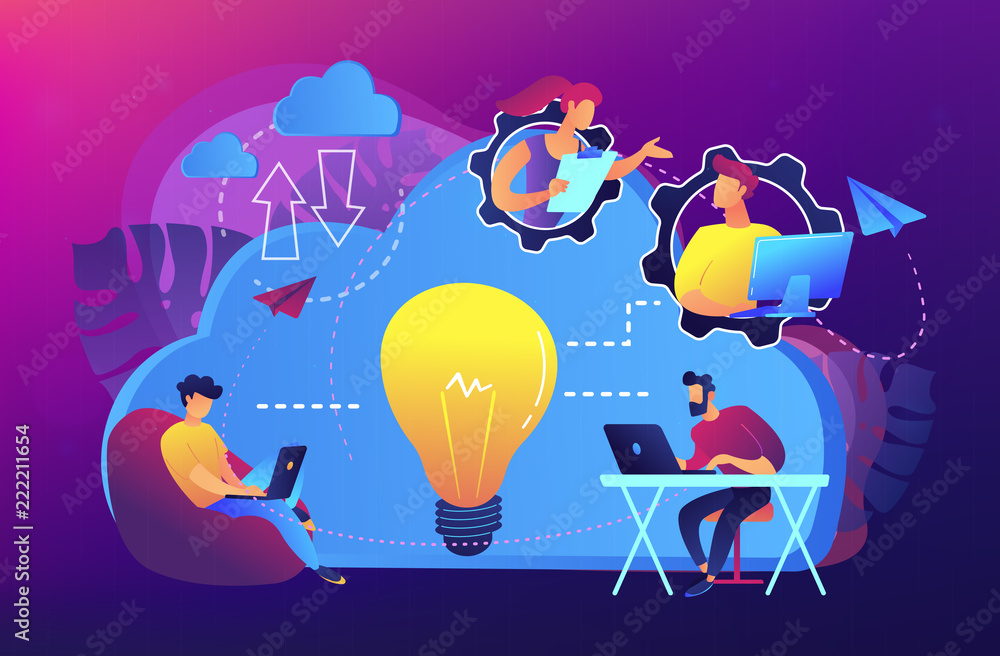 Coworking team of users connected by cloud computing and light bulb ...