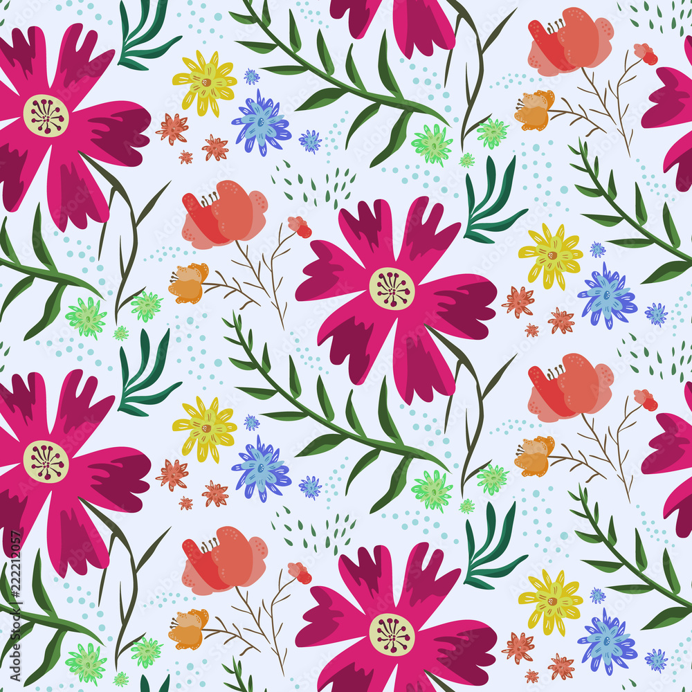 Bright colorful floral summer seamless pattern with accent pink flowers ...