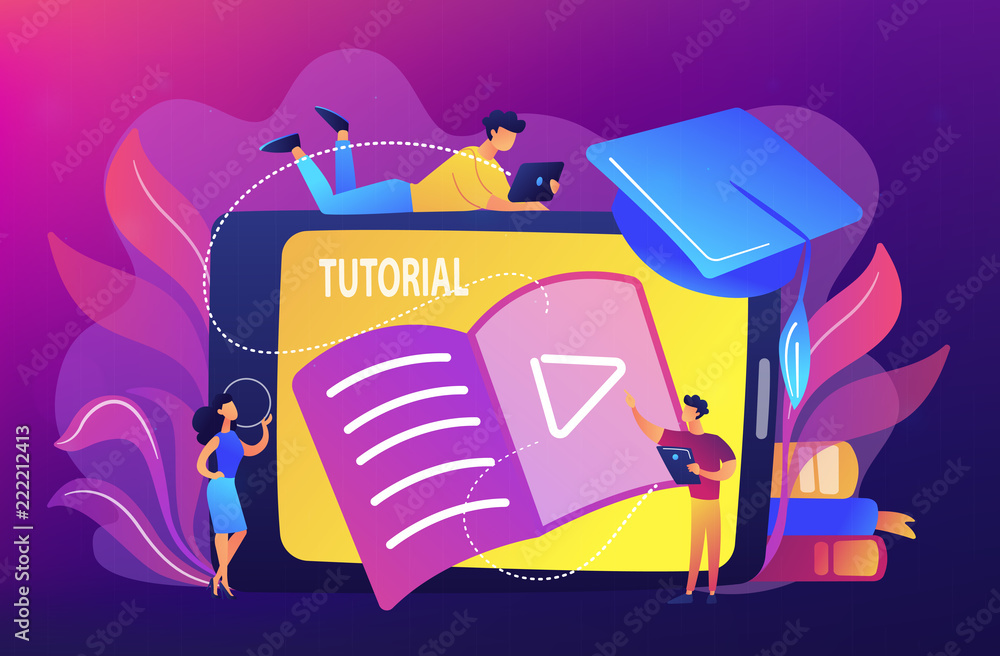 Students watching video tutorial on tablet with player sign. Online ...