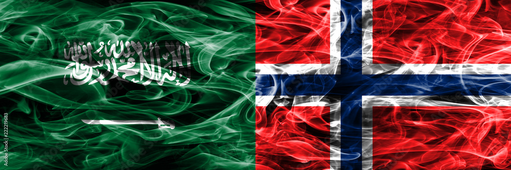 Saudi Arabia vs Norway smoke flags placed side by side. Thick colored ...