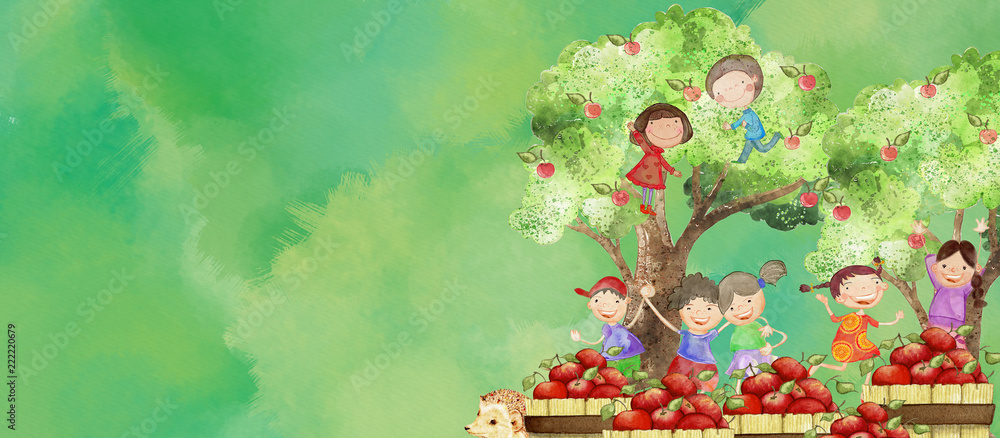 Happy children harvest apples. Watercolor background Stock Illustration ...