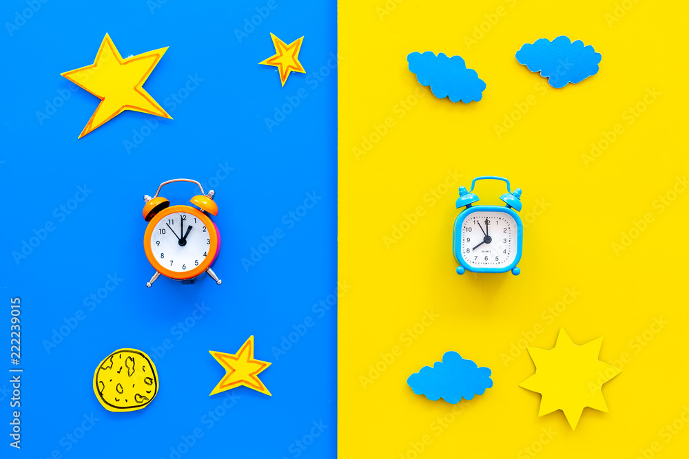 Sleep time, clock on the bed and time to awake concept. Alarm clock ...