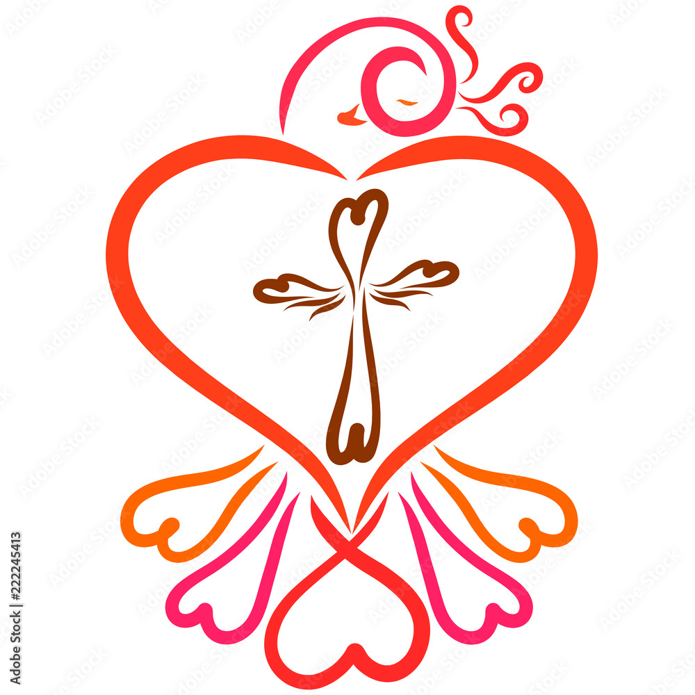 Bird of hearts and cross, Christian symbols Stock Illustration | Adobe ...