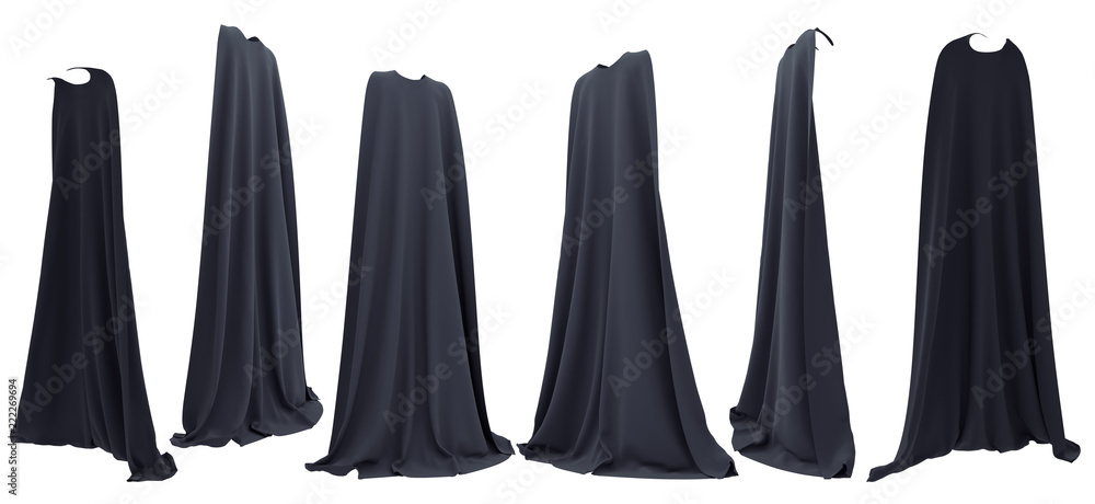 Witch black cape hanging from shoulders set isolated on white ...