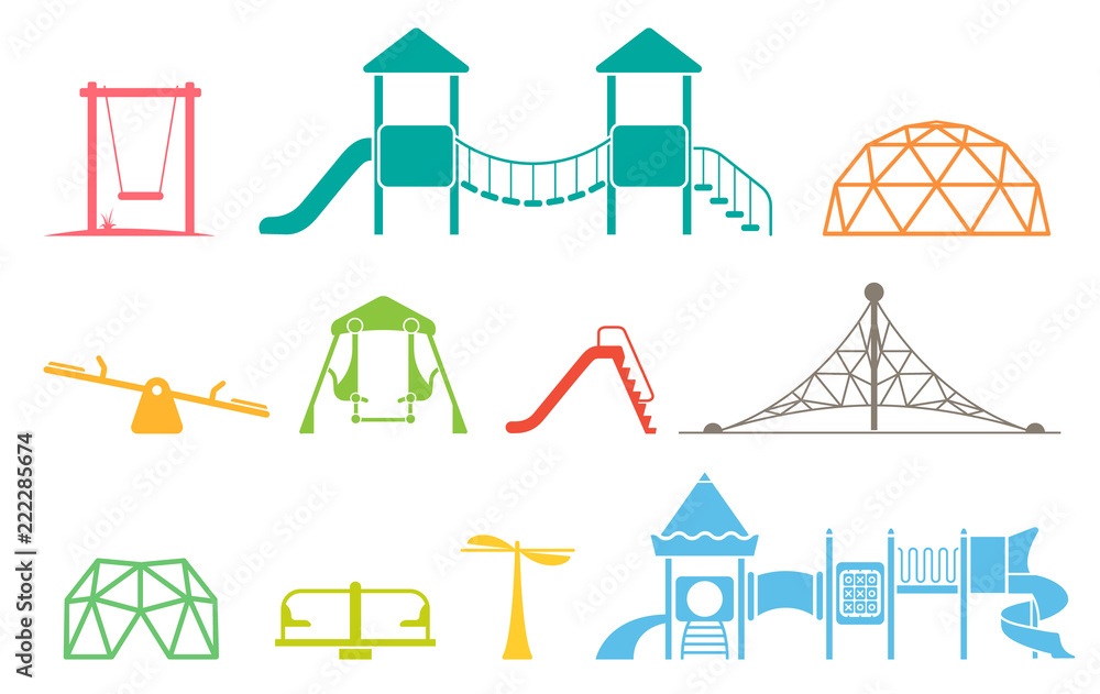 Kid playground equipment icons. Icon set with different types of ...