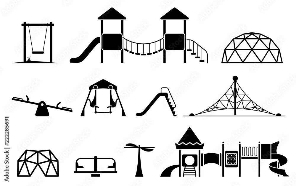 Kid playground equipment icons. Icon set with different types of ...