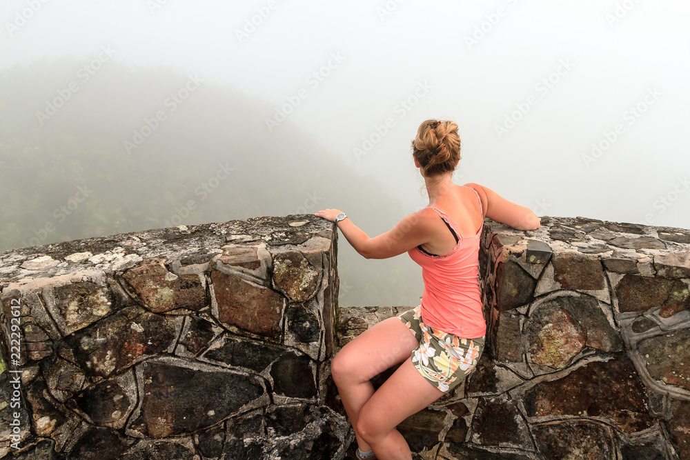Adventurous young woman on top of Torre Britton in the beautiful jungle ...