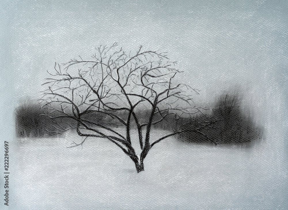 Pastel painting of apple tree in winter Stock Illustration | Adobe Stock