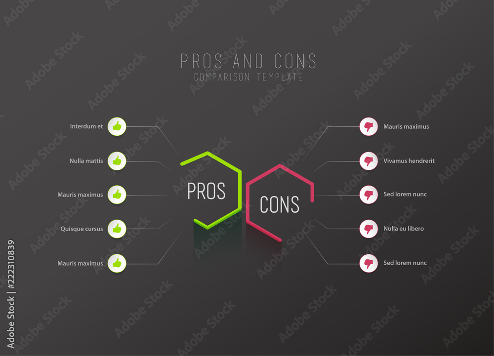 Pros and Cons comparison vector template with green and pink hexagons ...