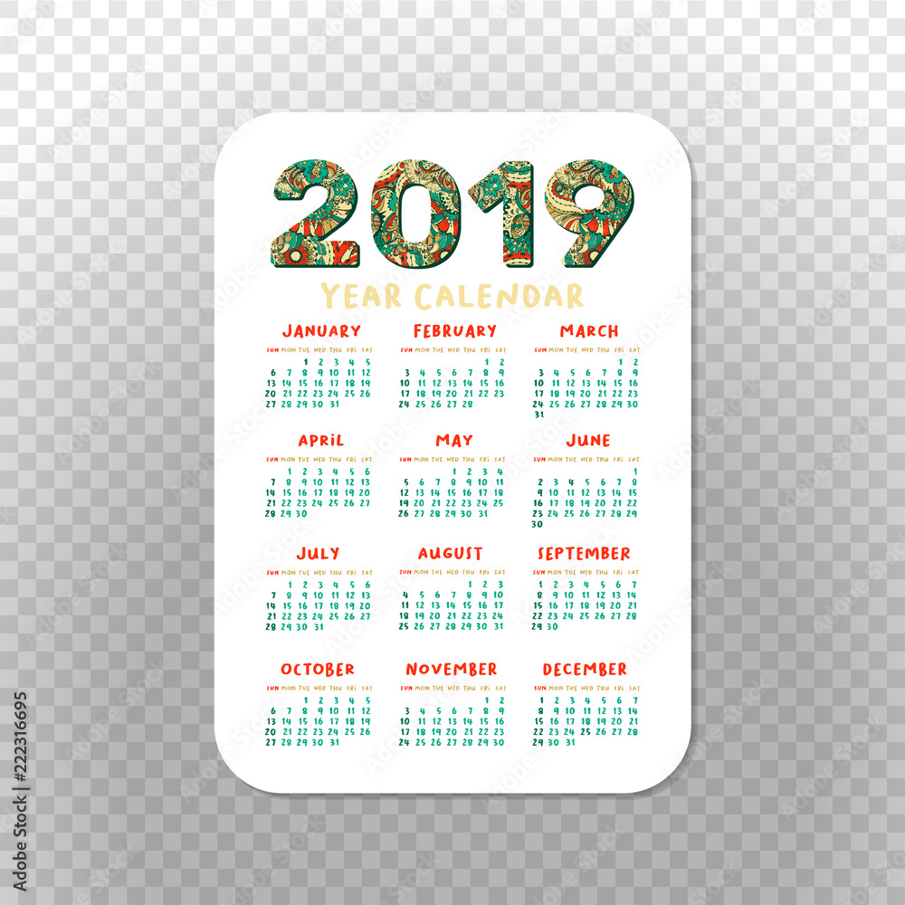 2019 Pocket Calendar Basic Grid. Vector Vertical Orientation. White ...