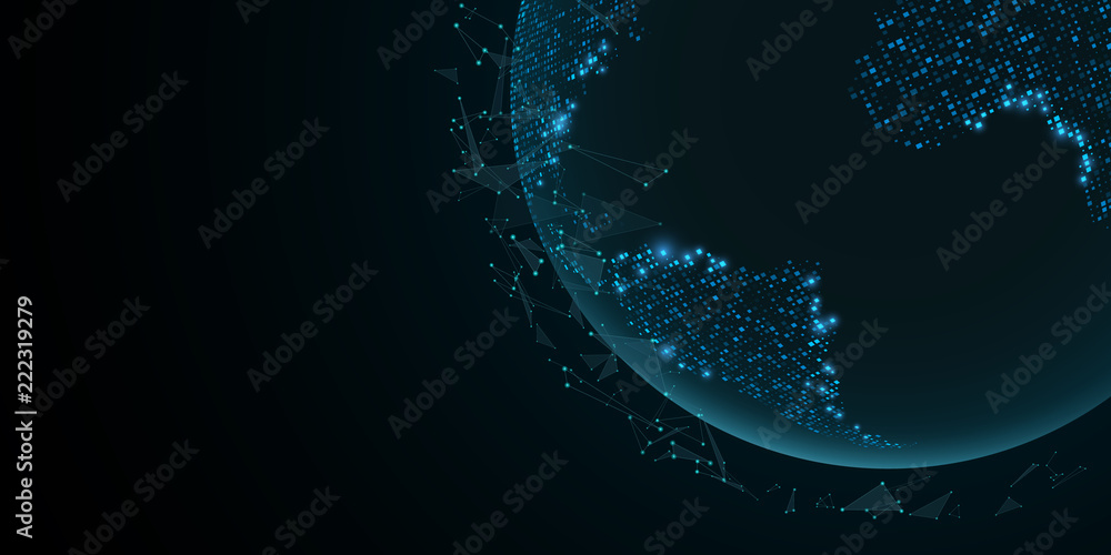 Futuristic planet Earth with flying triangles. World map. Blue lights ...