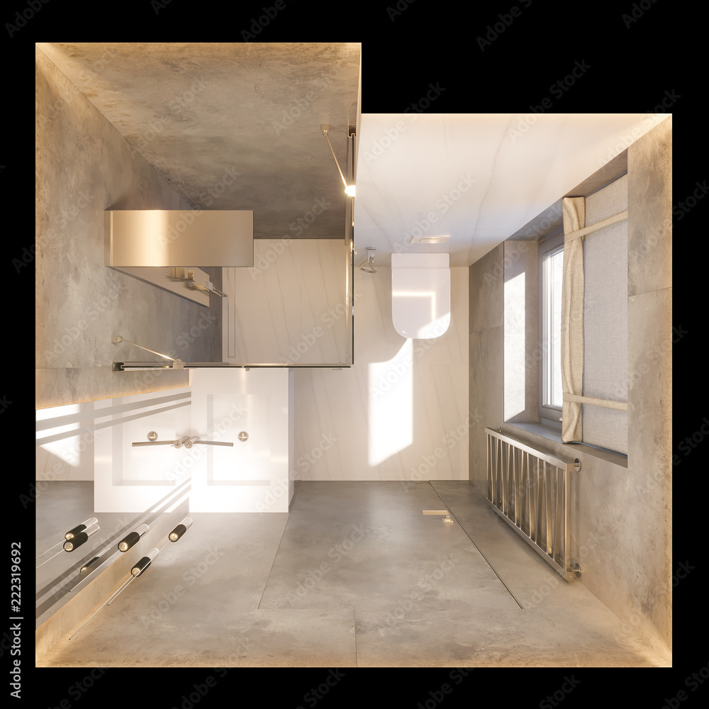 3d render interior design of the bathroom with glass walk in shower ...