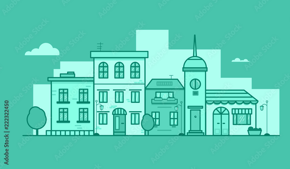 Vector monochrome flat illustration of town buildings Stock Vector ...