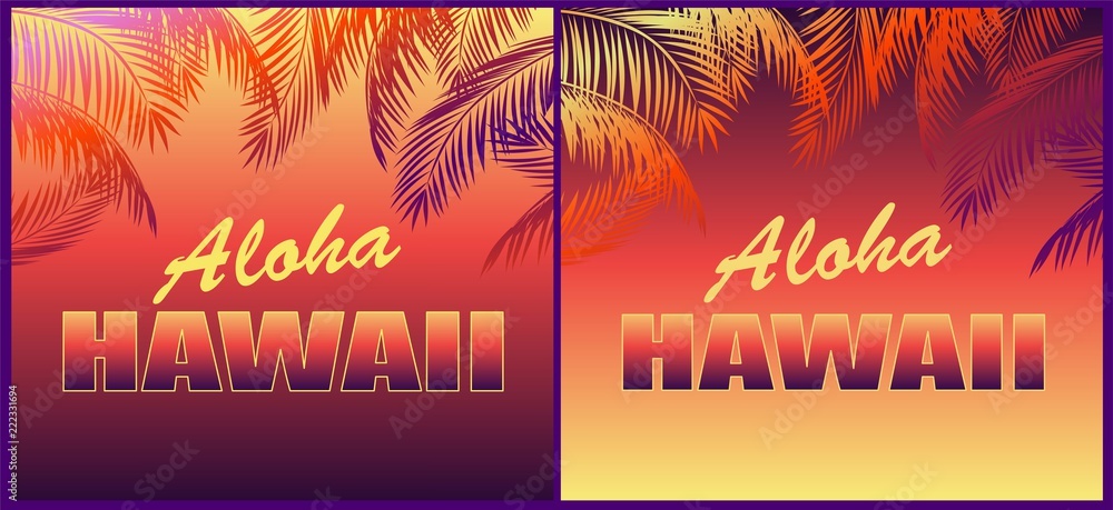 Tropical neon backgrounds with floral Aloha Hawaii lettering and palm ...