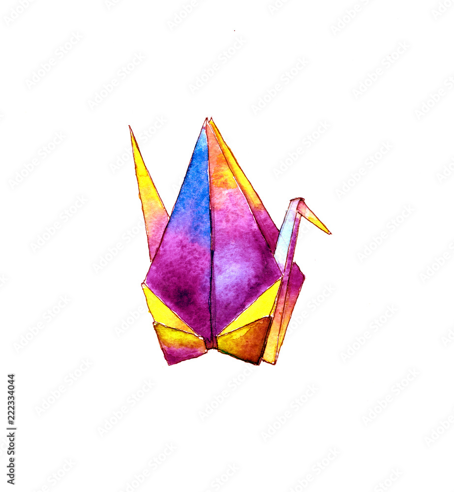 Isolated image of origami paper crane. Hand-drawn watercolor Oriental ...