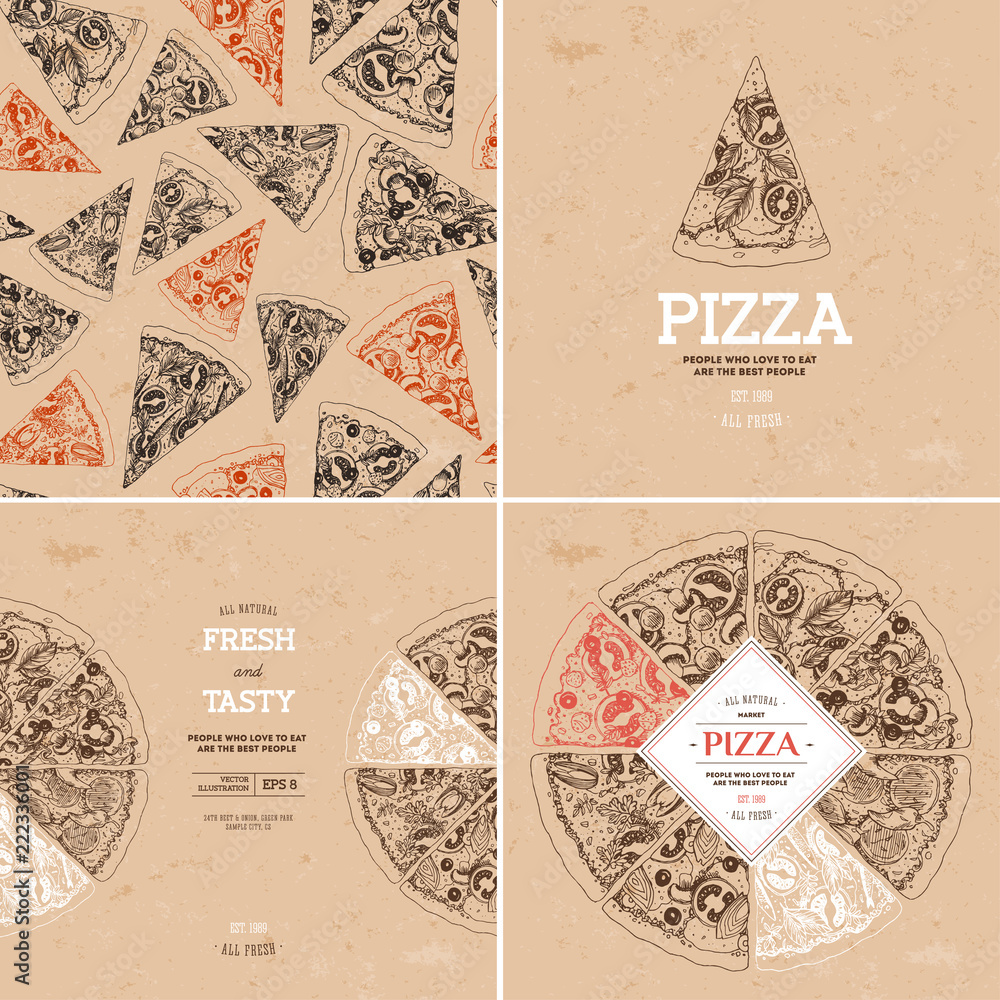 Pizza banner design templates. Seamless pattern. Vintage illustrations ...