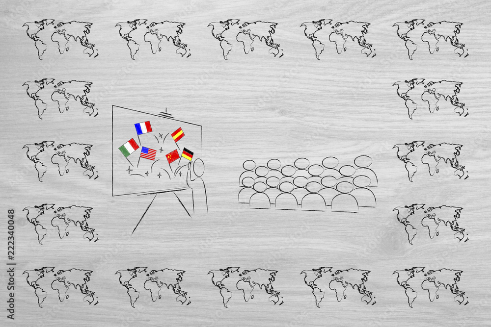 world map border with foreign language classroom and teacher in the ...