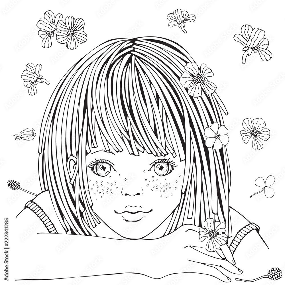 Cute cartoon little girl and flowers. Coloring book page for adult and ...