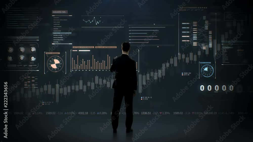 Businessman analyzing economic animated global stock Market charts and ...