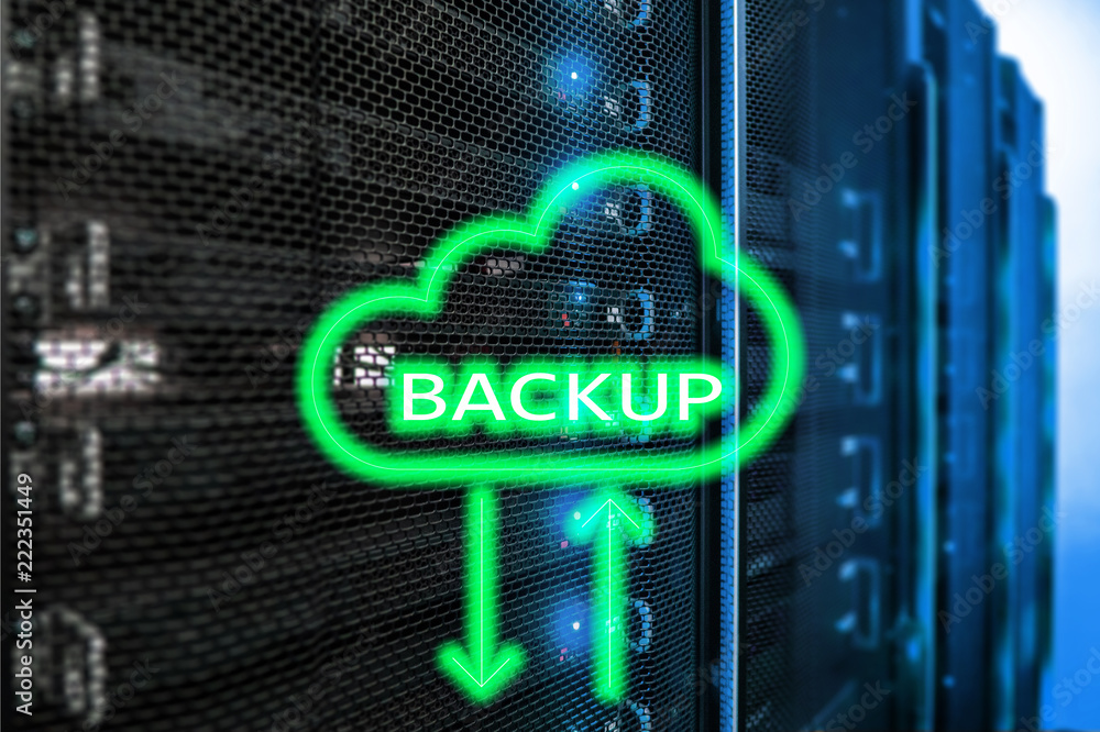 Backup button on modern server room background. Data loss prevention ...