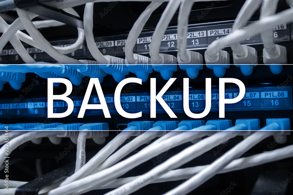 Backup button on modern server room background. Data loss prevention ...