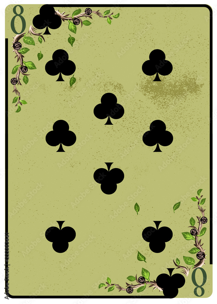 Eight of Clubs playing card. Unique hand drawn pocker card. One of 52 ...
