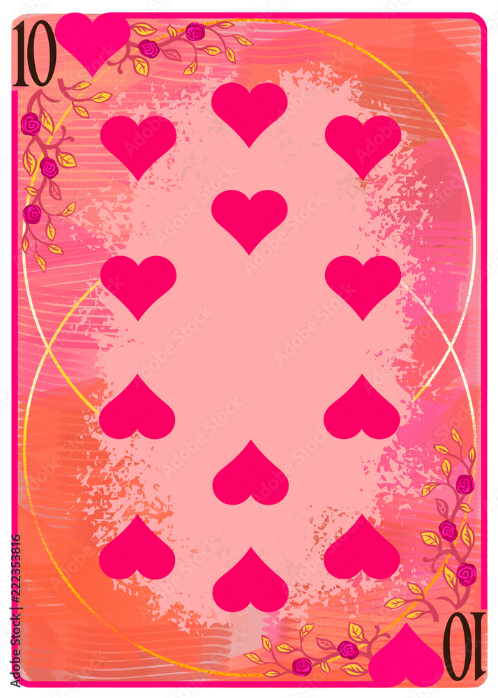 Ten of Hearts playing card. Unique hand drawn pocker card. One of 52 ...