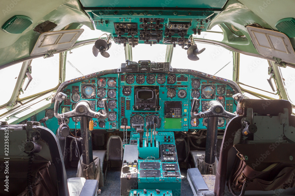 Old russian airplane cockpit interior with analog instruments Stock ...