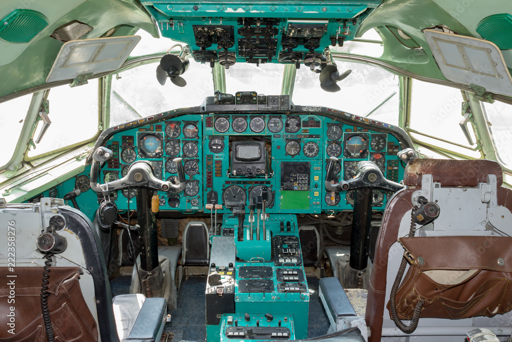 Old russian airplane cockpit interior with analog instruments - light ...