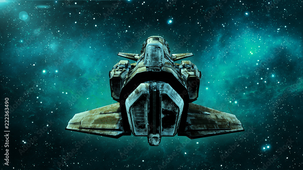 Old alien spaceship in deep space, dirty spacecraft flying in the ...