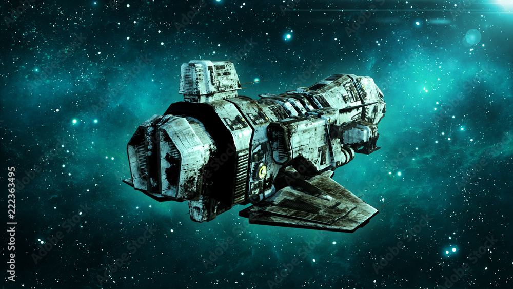Old alien spaceship in deep space, dirty spacecraft flying in the ...