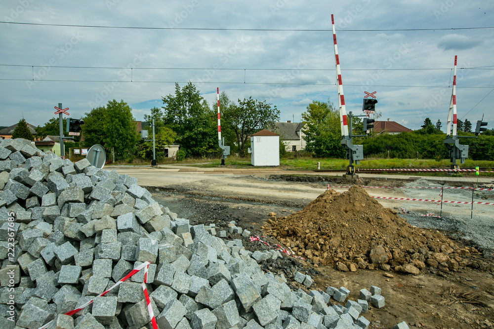 Reconstruction work on railroad crossing in Czech Republic, Europe, red ...