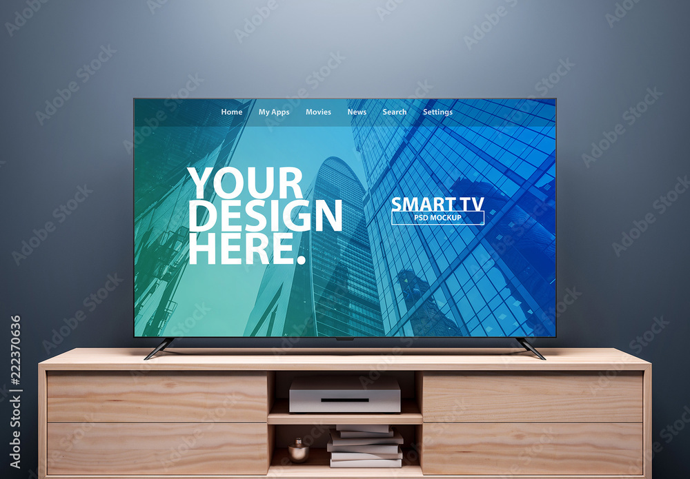 Smart TV on a Wooden Console Mockup Stock Template | Adobe Stock