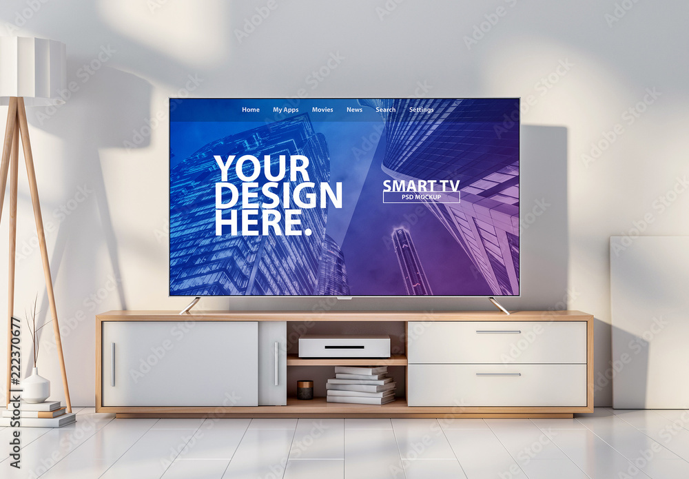 Smart TV on a White Console Mockup Stock Template | Adobe Stock
