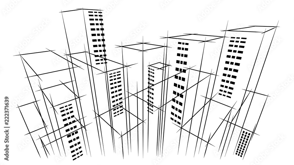 Modern vector dark city horizon scape sky scraper outline hand drawn ...