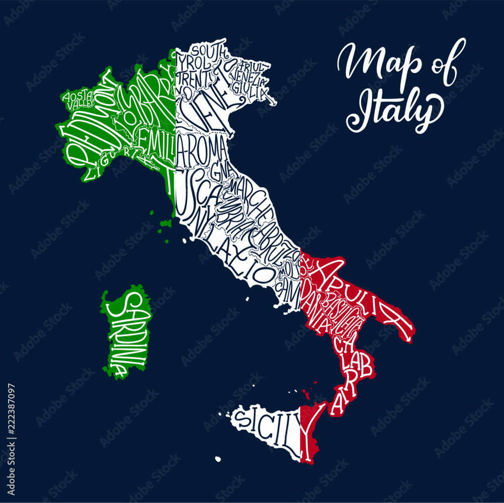 Italy regions map in vector sketch lettering Stock Vector | Adobe Stock