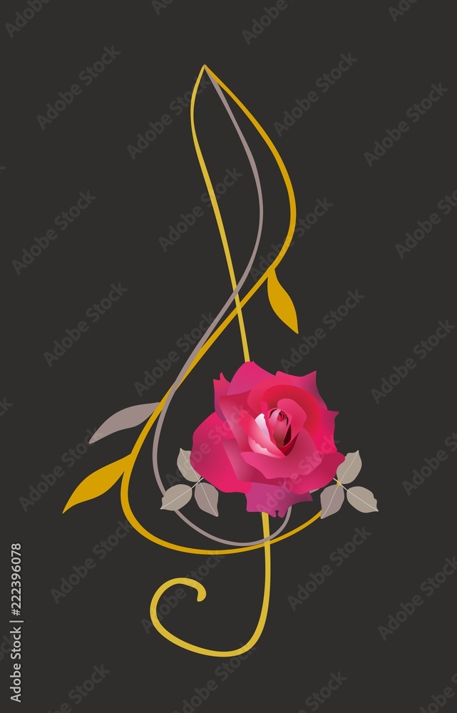 Treble clef in shape of red rose with golden stem isolated on black ...