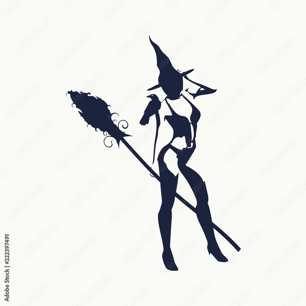 Illustration of standing young witch icon. Witch silhouette with a ...
