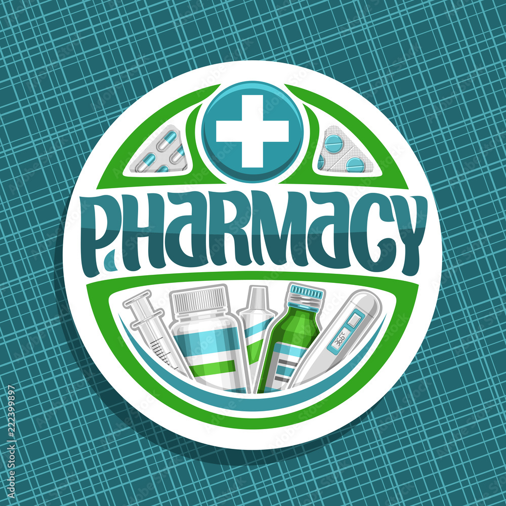 Vector logo for Pharmacy, cut paper sign with green container, digital ...