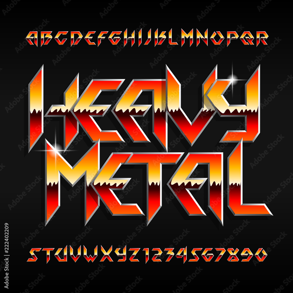 Heavy Metal alphabet font. Shiny letters and numbers in hard rock style ...