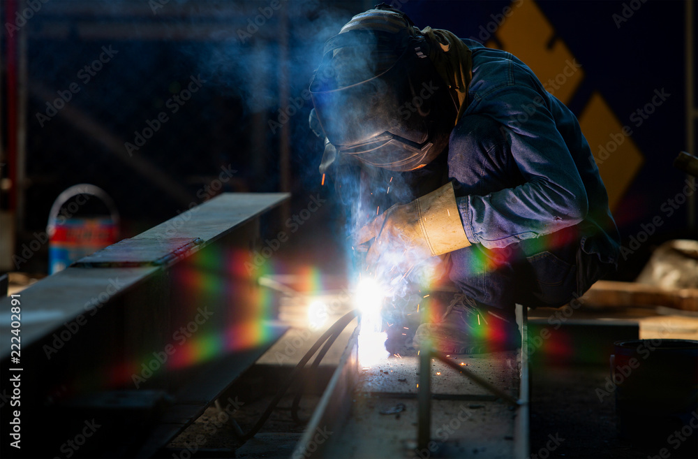 Asian Welder Industry with Torch and Protective Helmet in Large Welding ...