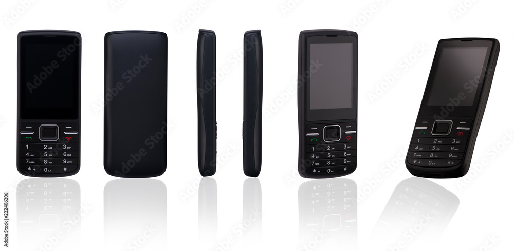 from different angles push-button mobile phone on white background with ...