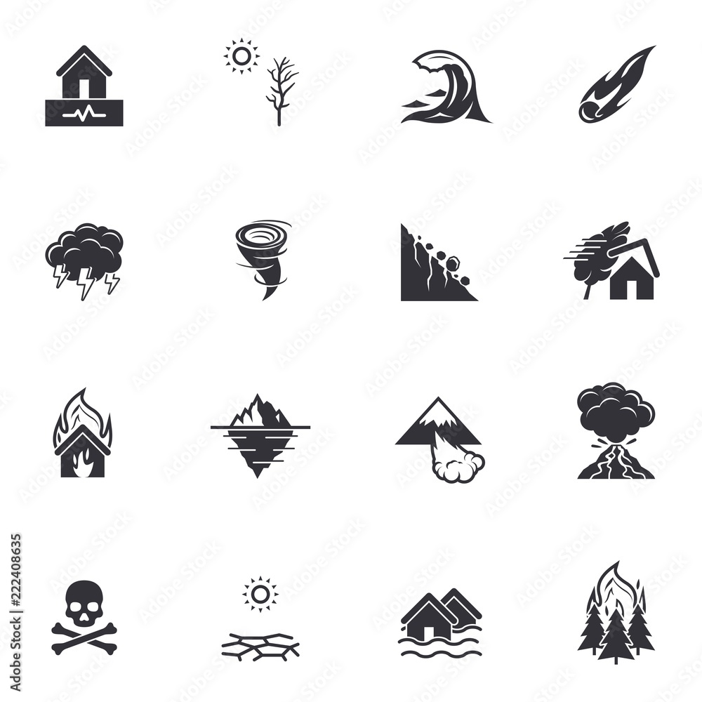 Natural disaster catastrophe icons | Black vector pictograms isolated ...