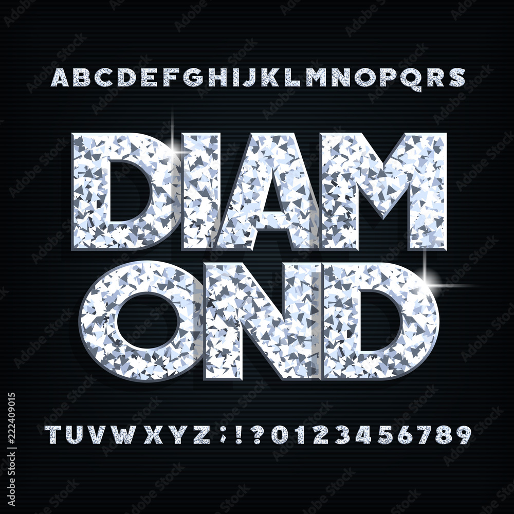 Diamond crystal alphabet font. Ornate shiny letters, numbers and ...