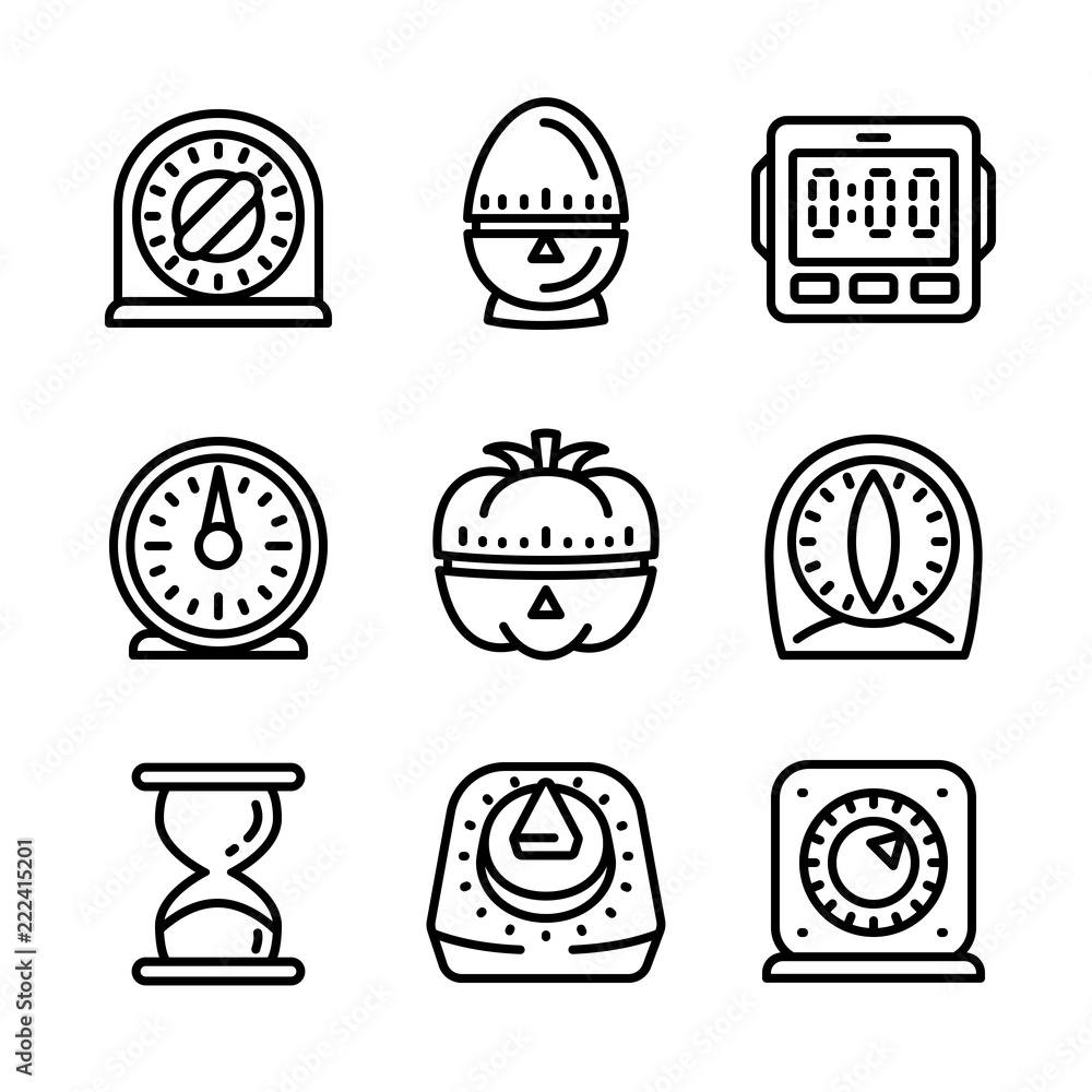 Kitchen timer icon set. Outline set of kitchen timer vector icons for ...