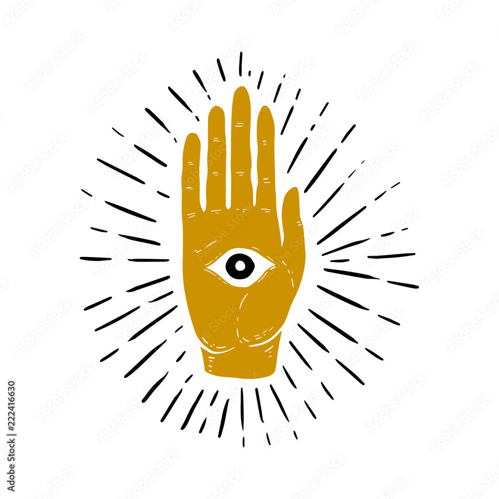 Hand drawn illustration of sunburst, hand, and all seeing eye symbol ...