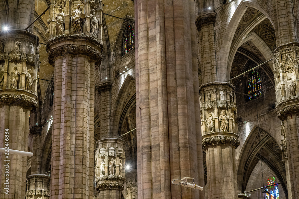 Center Nave columns inside interior Duomo di Milano. with statues ...