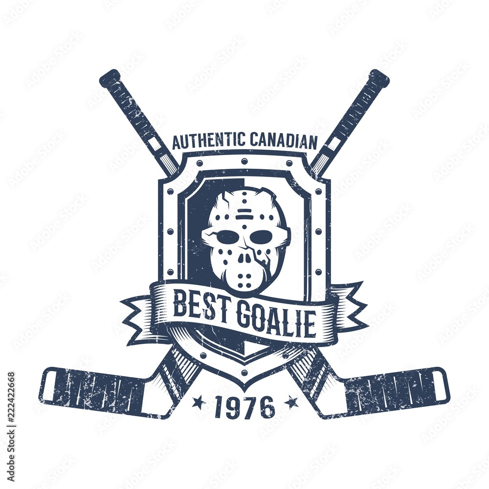 Hockey goalkeeper retro logo - goalie mask, heraldic shield and crossed ...