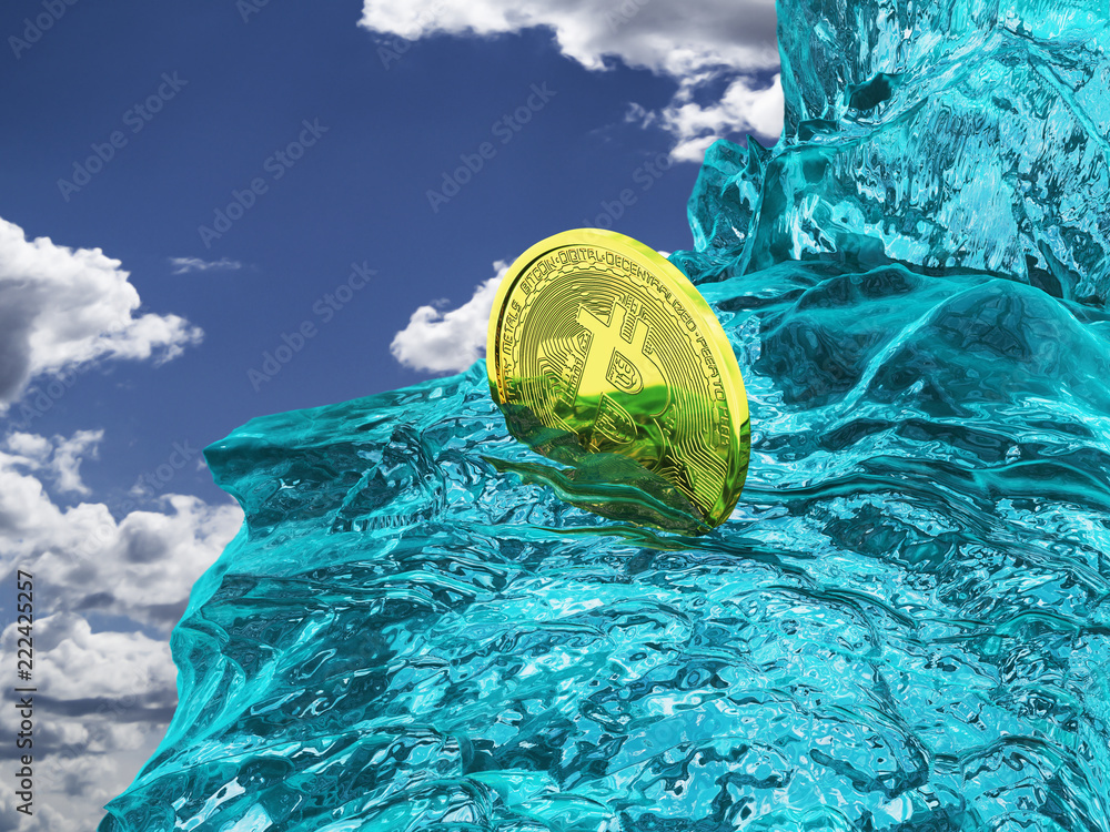 Bitcoin crypto currency Golden coin in pure ice block glowing in the ...