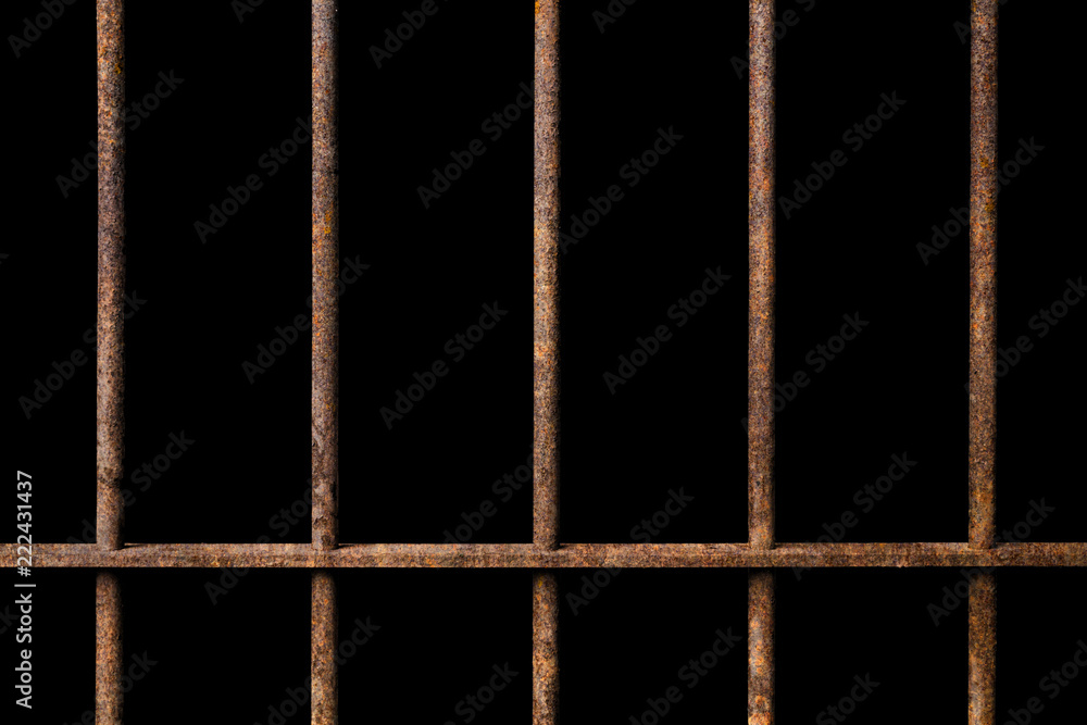 Old prison rusted metal bars cell lock on black background, concept of ...